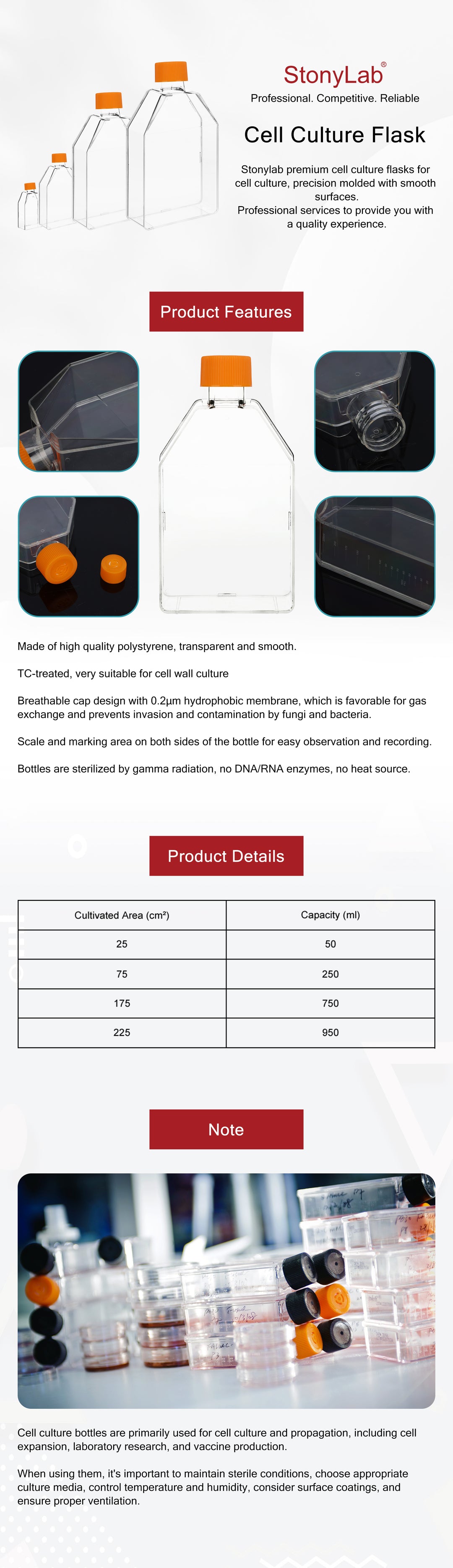 StonyLab Sterile Cell Culture Flasks | Polystyrene, Breathable Lid