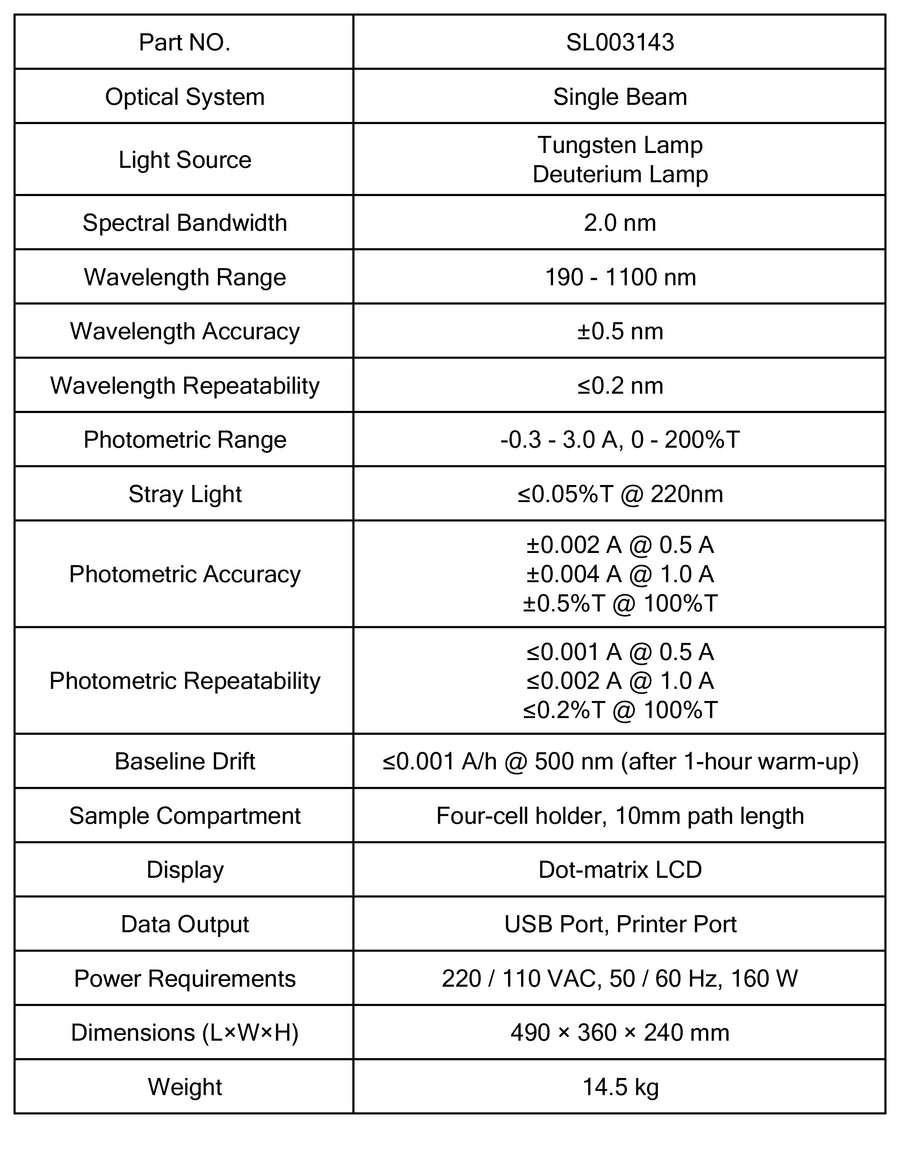 UV-Vis Spectrophotometer 190-1100 nm, Single-Beam, Dual Source – StonyLab