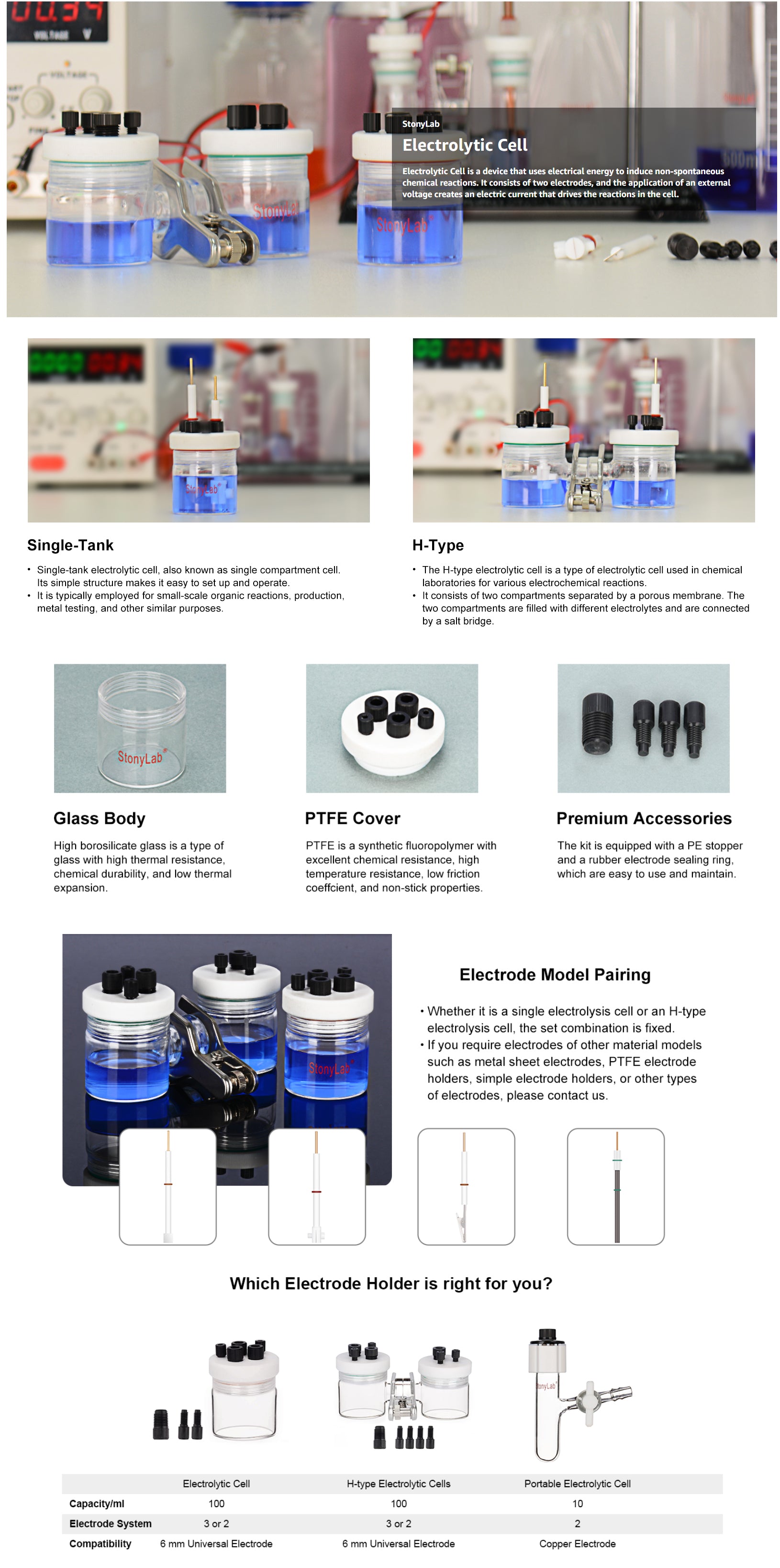 StonyLab Sealed Electrolytic Cell, 50–100 ml, Three-Electrode Setup