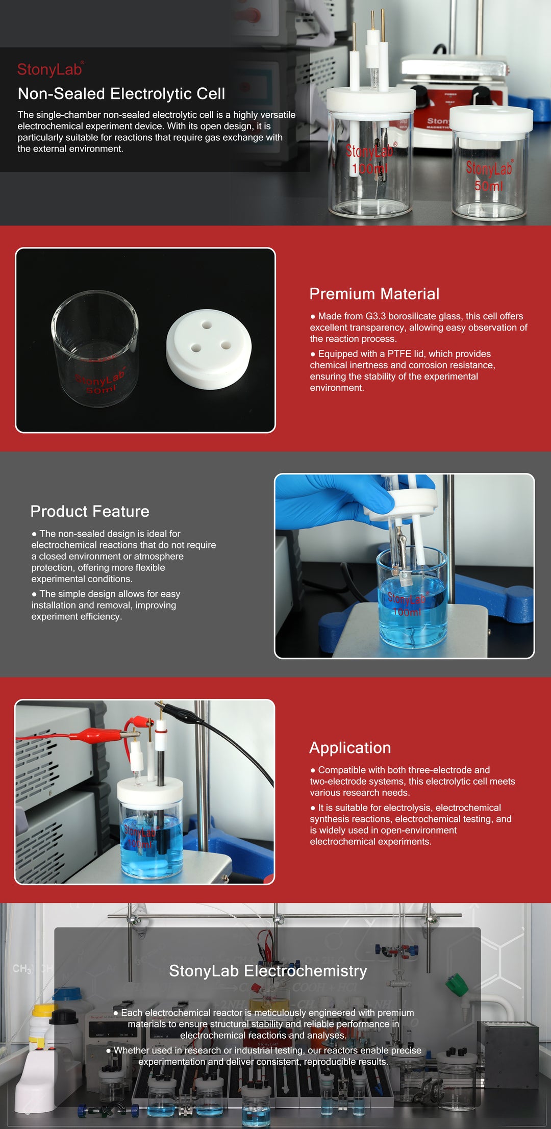 StonyLab Non-Sealed Electrolytic Cell 50–100ml