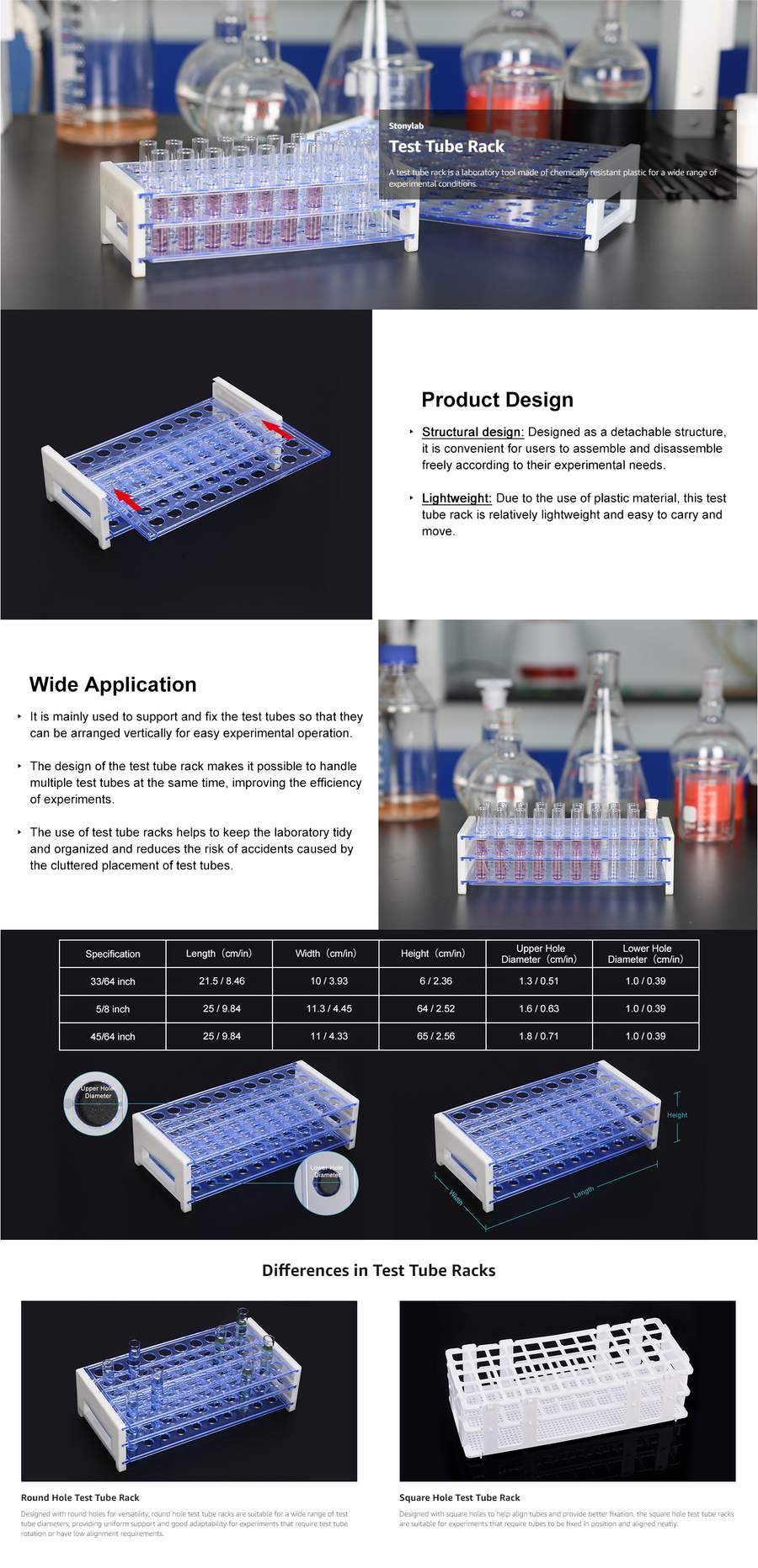 StonyLab 3-Tier Detachable Test Tube Rack, 50 Slots
